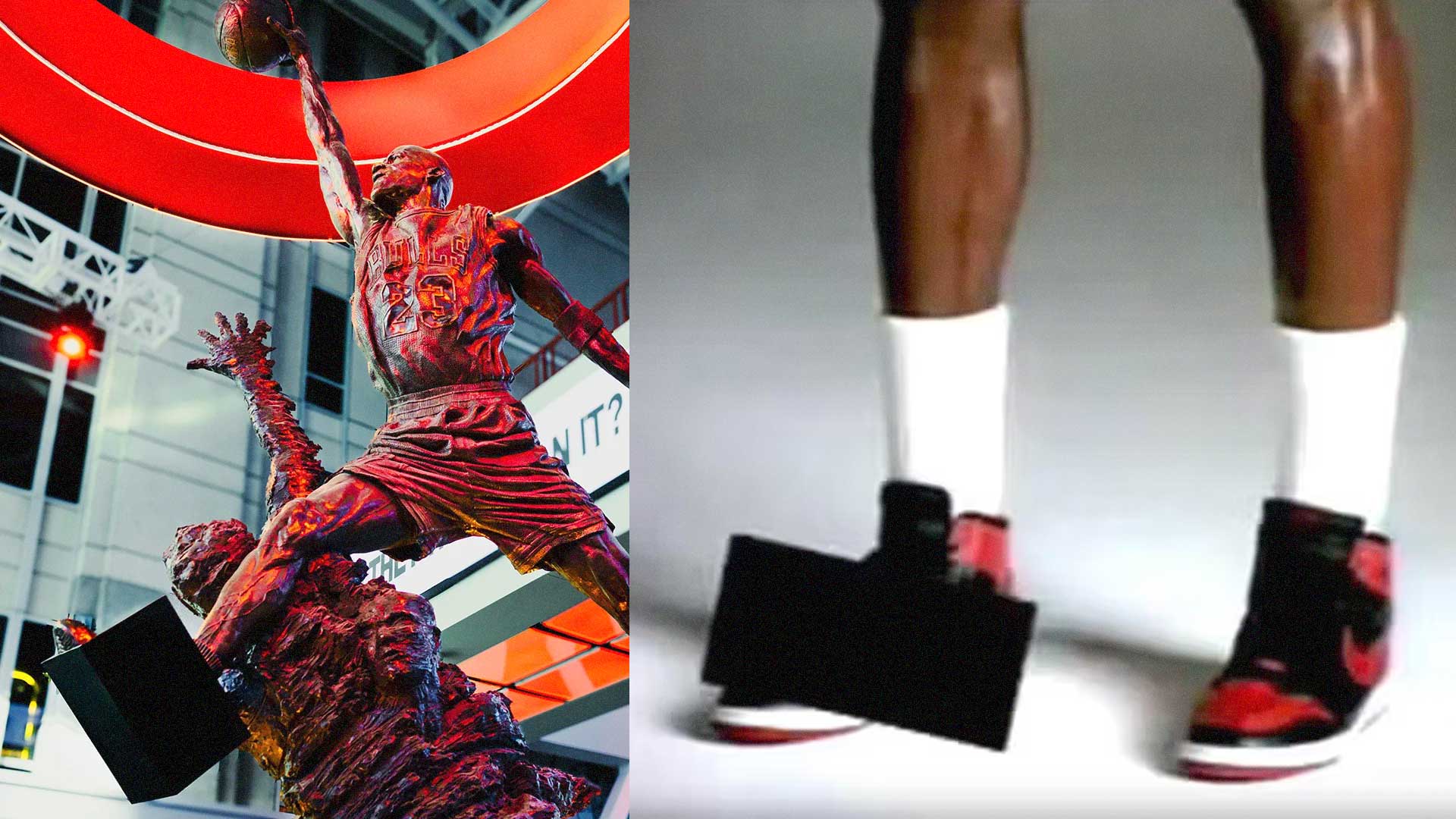 The Sneakers on Michael Jordan's Statue Are Banned & Blacked Out